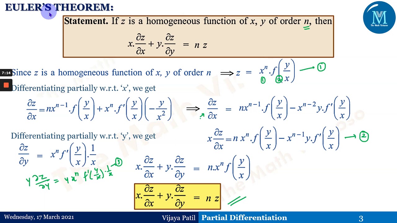 Partial Differentiation Euler S Theorem On Homogeneous Function Youtube