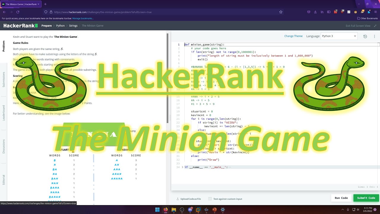 Hackerrank Python The Minion Game Youtube