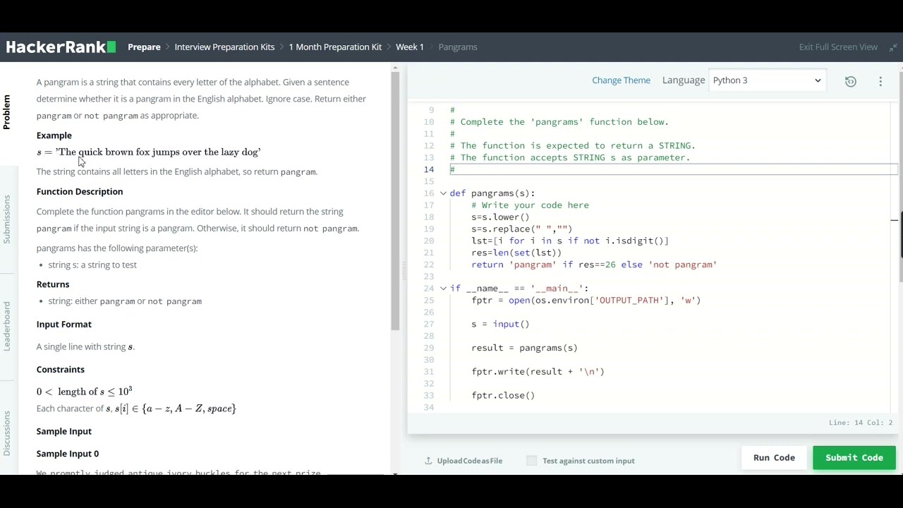Pangrams Hackerrank Python Solution Youtube