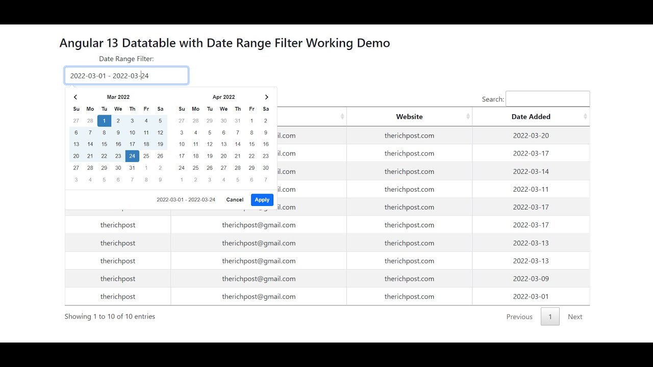 Angular 13 Datatable With Date Range Filter Working Demo Youtube