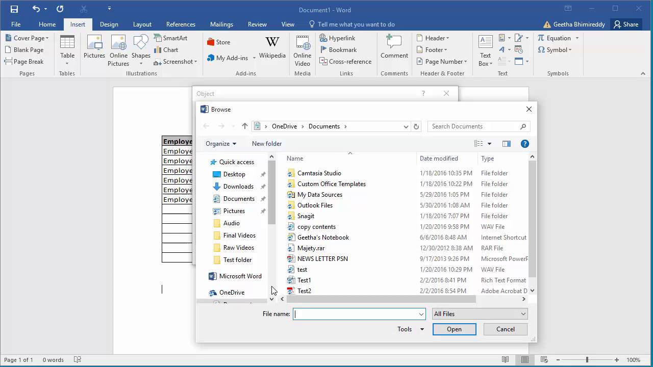 How To Insert An Object In To A Document In Word 2016 Youtube