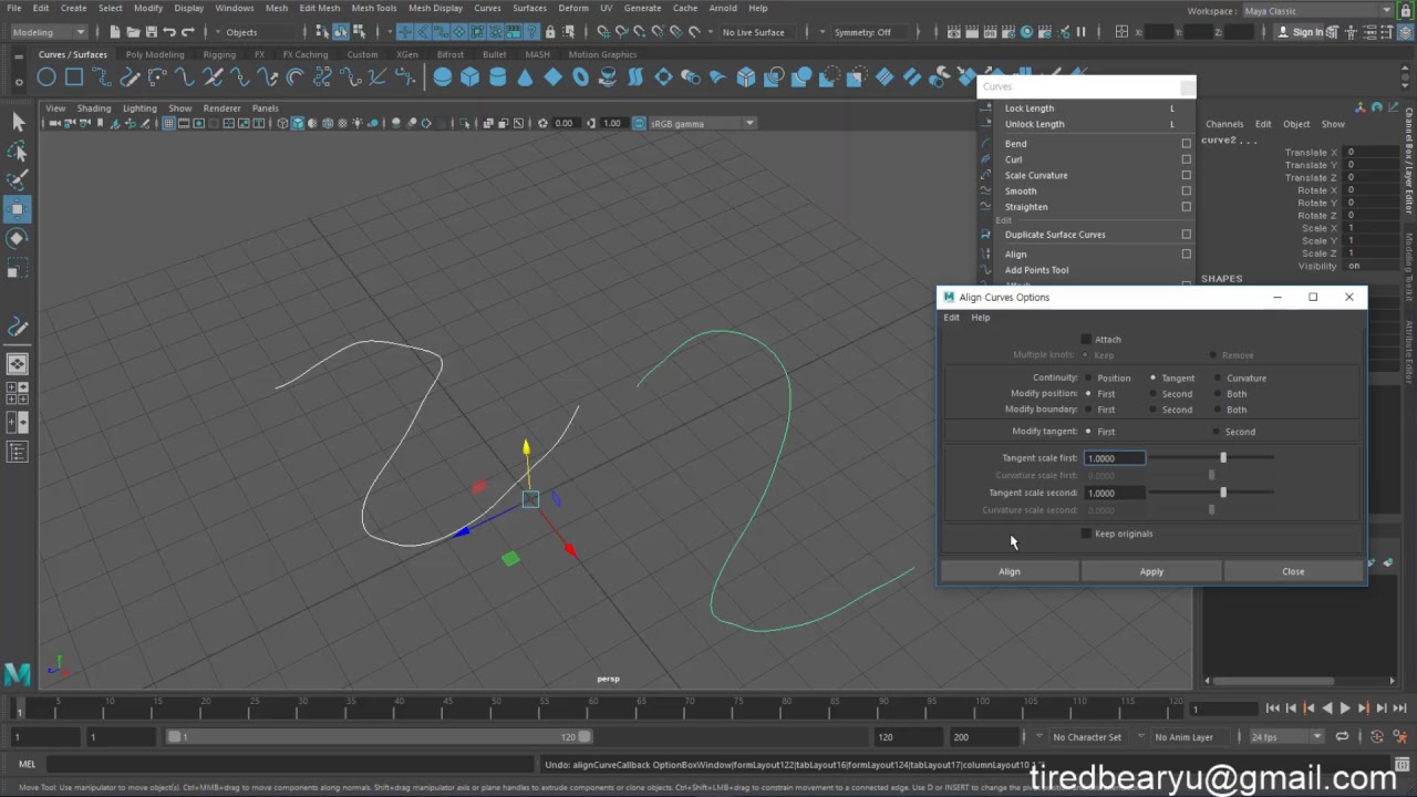 Maya Menu Curves Attach Detach Align Add Point Tool Edit Curve Tool