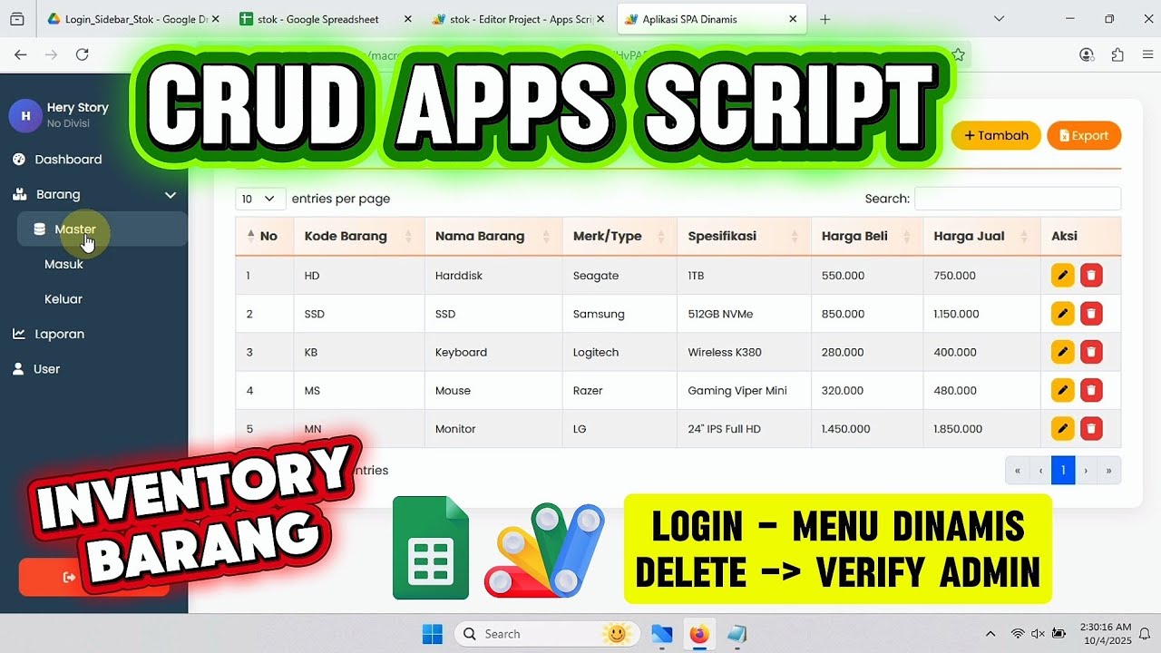 Part 2 Crud Apps Script Google Sheets Apps Script Inventory Youtube