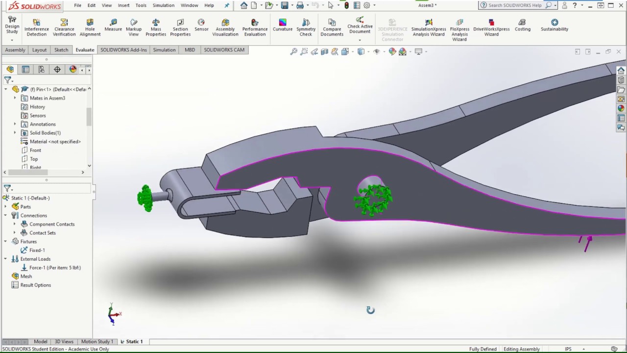 Solidworks Simulations Static Contact Finite Element Analysis Youtube