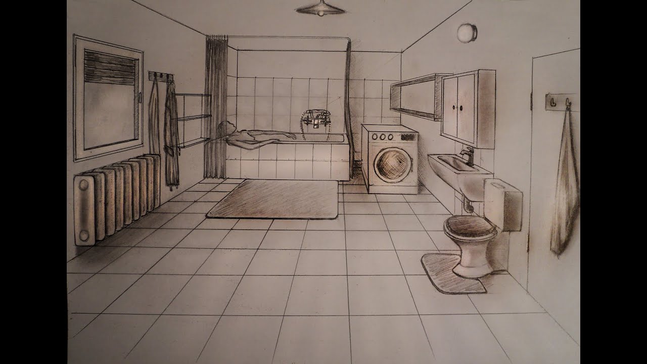 One Point Perspective Drawing Of Bathroom
