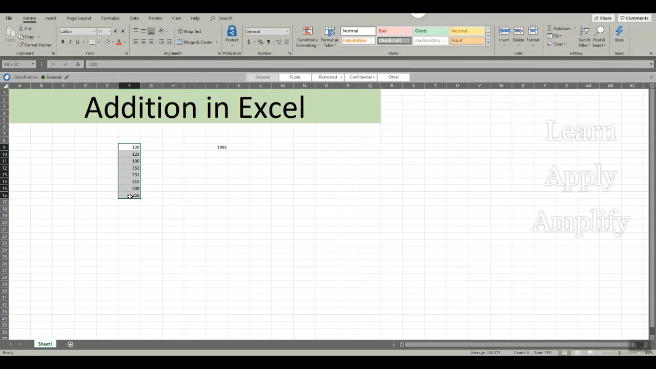 Addition In Excel Youtube