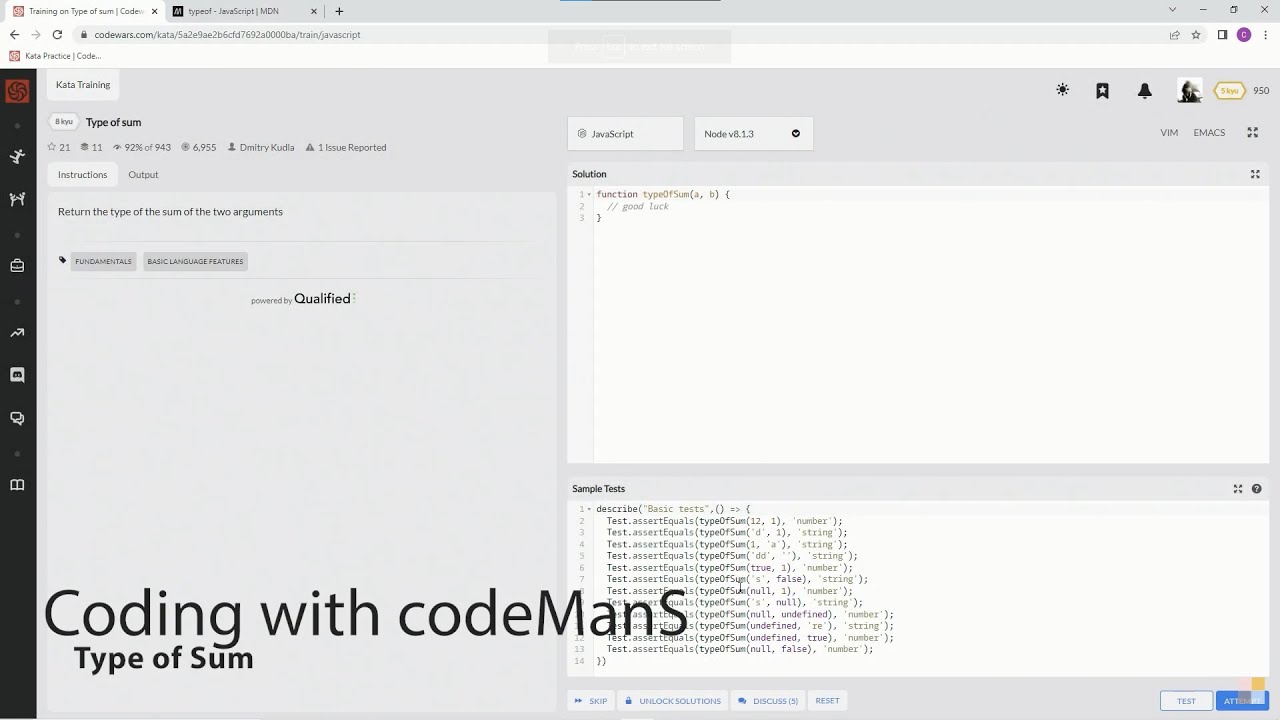 Codewars 8 Kyu Type Of Sum Javascript Youtube