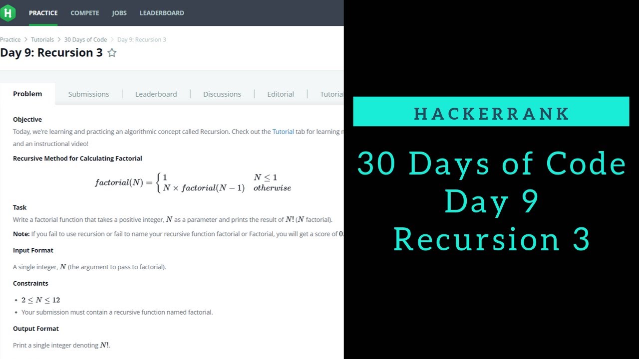 Recursion Hackerrank Day 9 Factorail Python Youtube