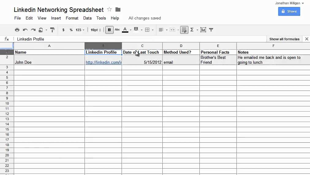 Networking Spreadsheet Template
