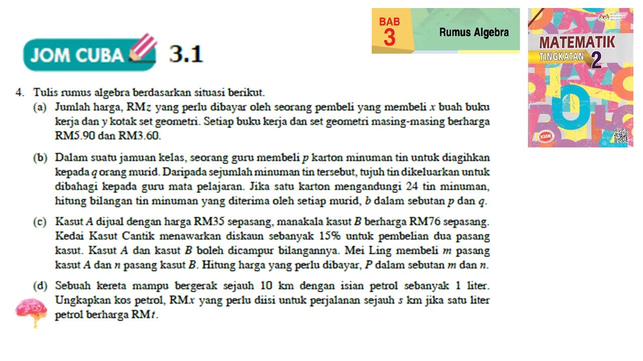 Kssm Matematik Tingkatan 2 Bab 3 Rumus Algebra Jom Cuba 3 1 No4 Buku