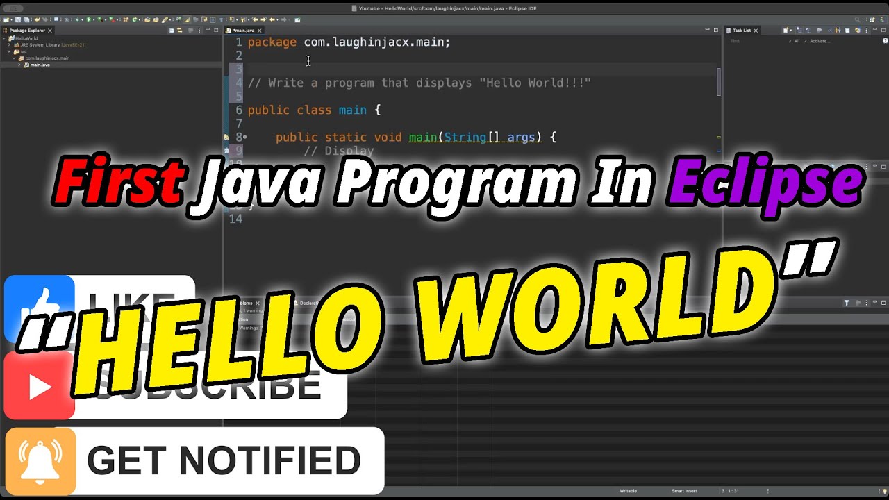 First Java Program In Eclipse Hello World Youtube