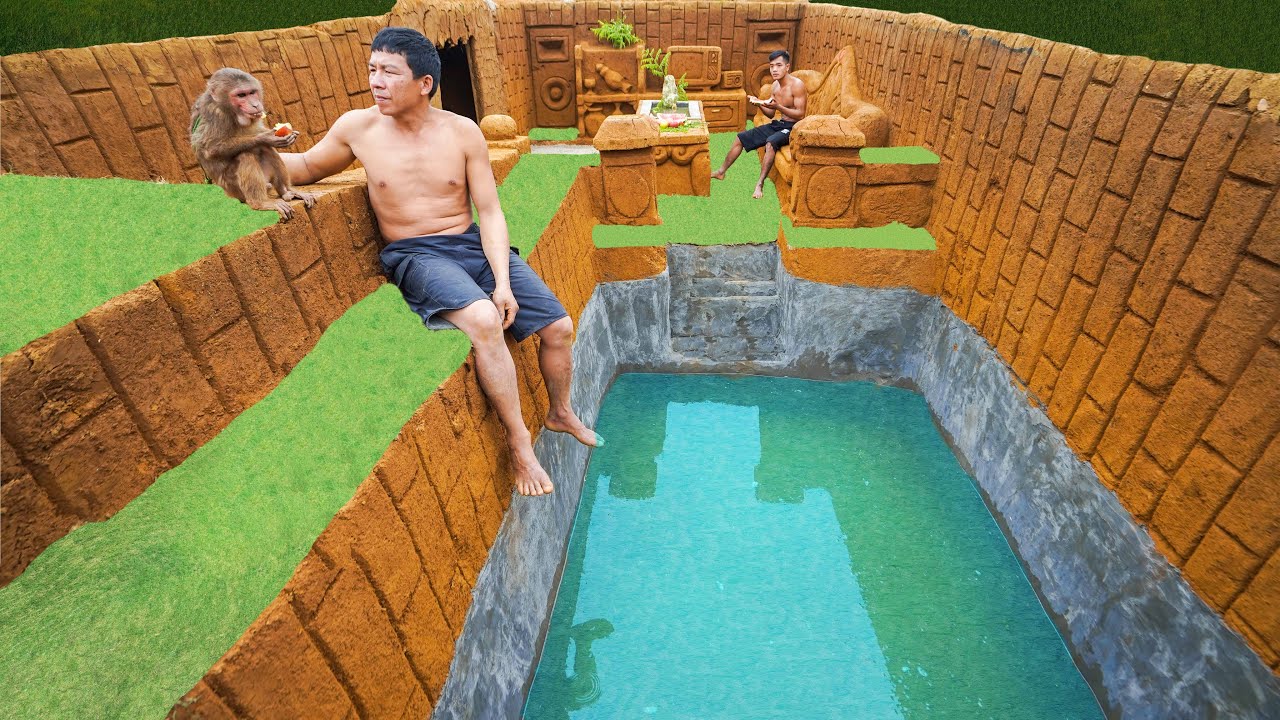 Unbelievable Build Swimming Pool Water Slide With Cute Monkey Around