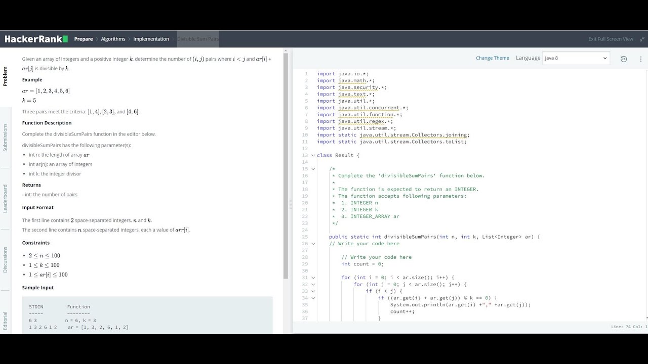 Hackerrank Divisible Sum Pairs Youtube