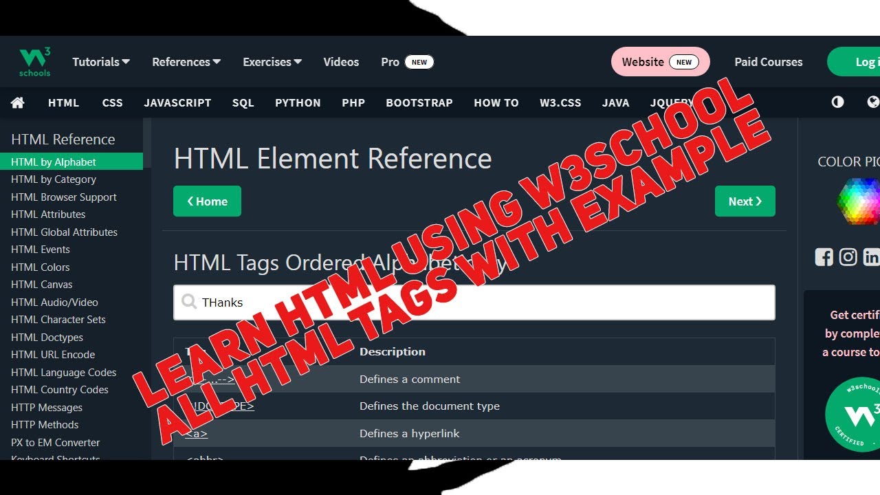 Learn Html Using W3school All Html Tags With Example Youtube