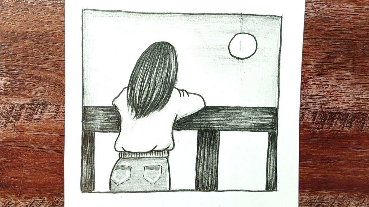 Cómo Dibujar Una Niña Sentada De Espaldas Inclinada En Un Paisaje