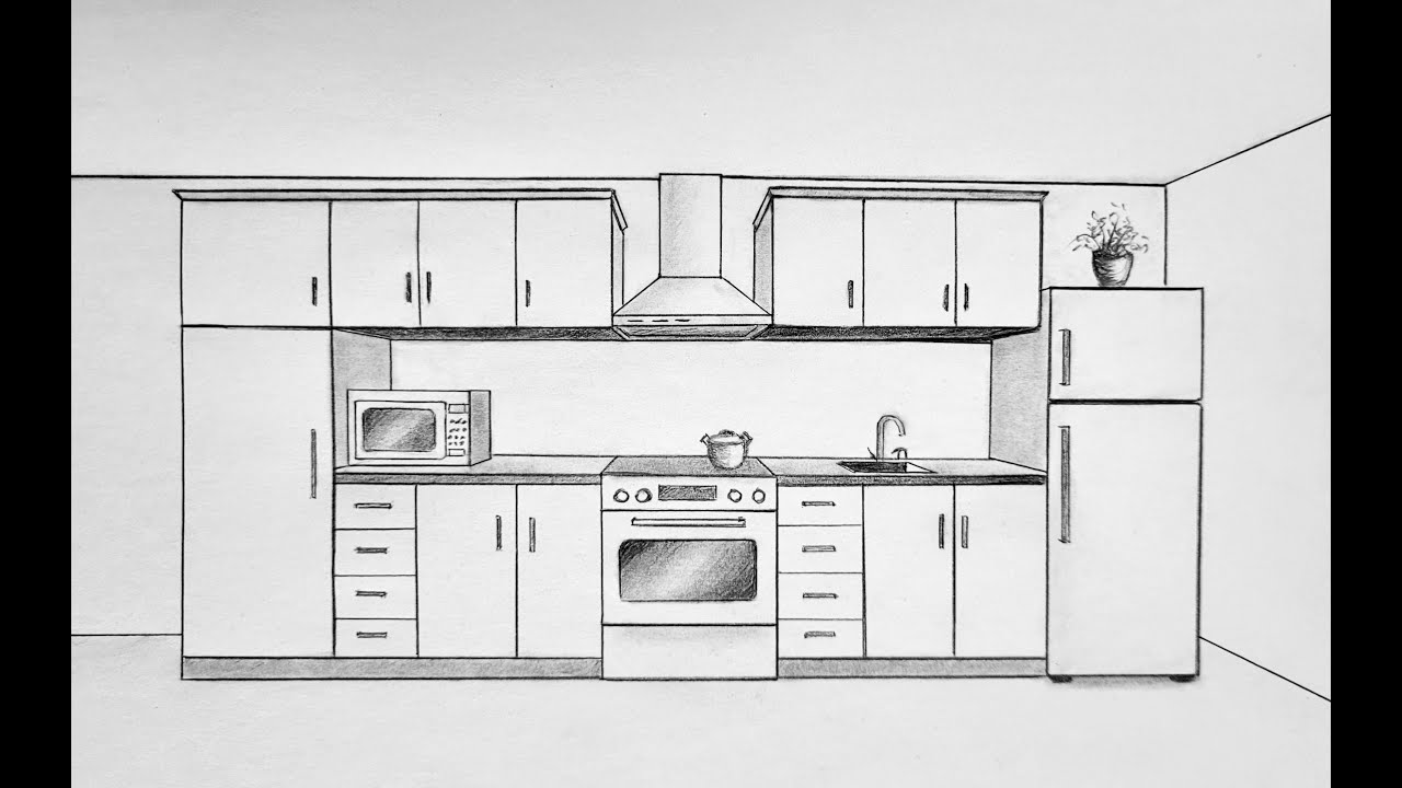 One Point Perspective Kitchen Drawing