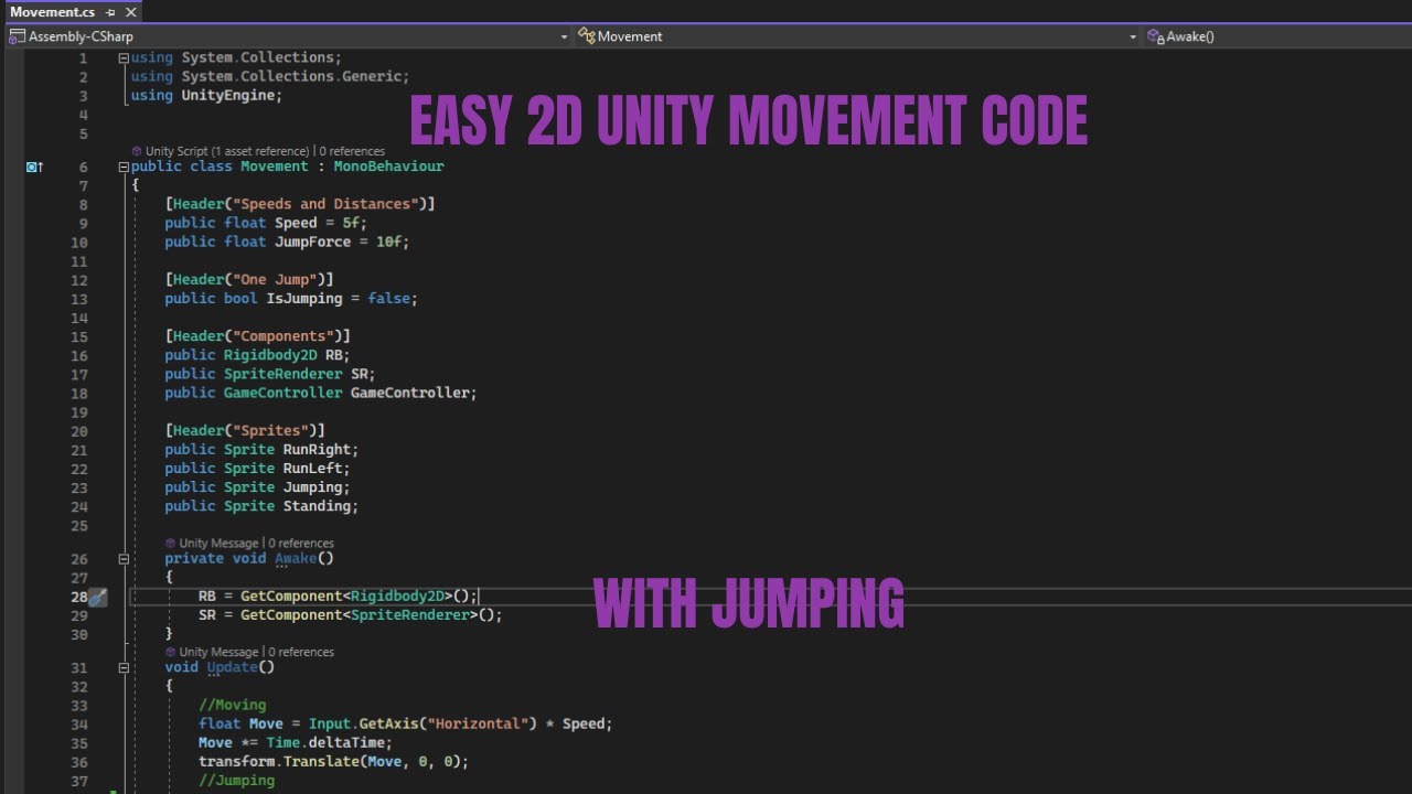 Easy 2d Unity Movement And Jumping Code Tutorial Youtube