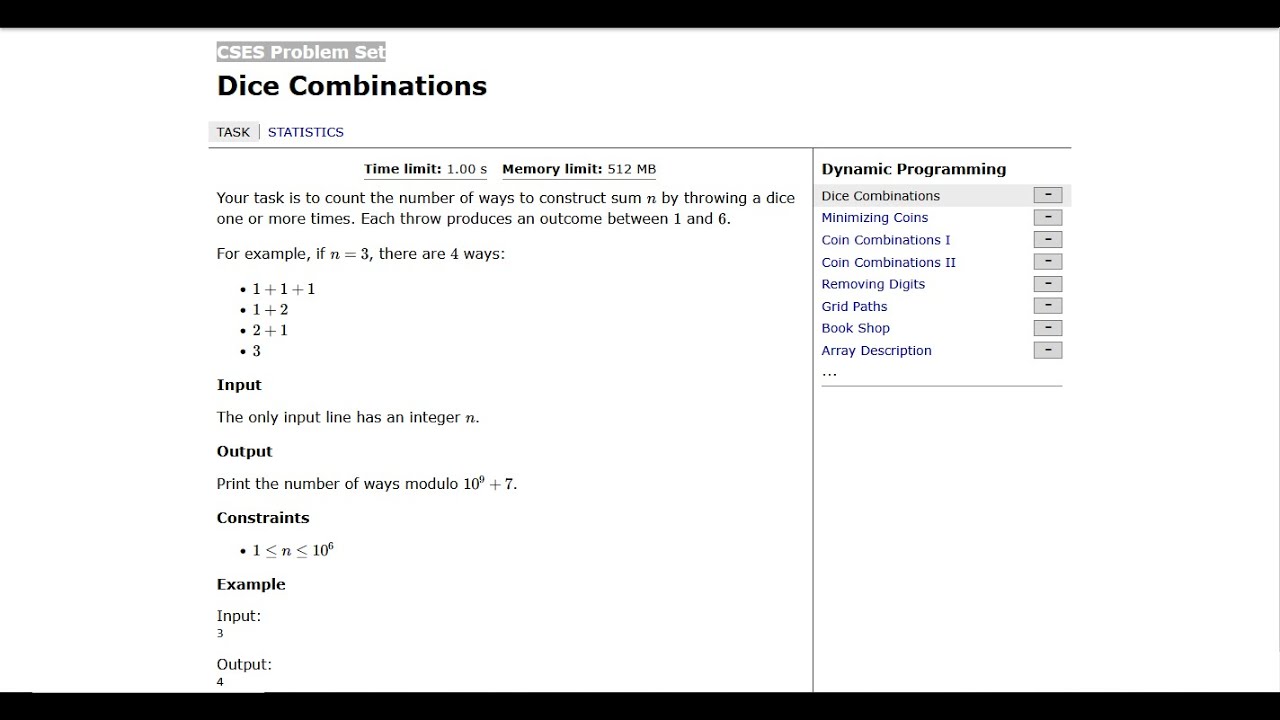 Intro To Dynamic Programming Dice Combinations Cses Youtube
