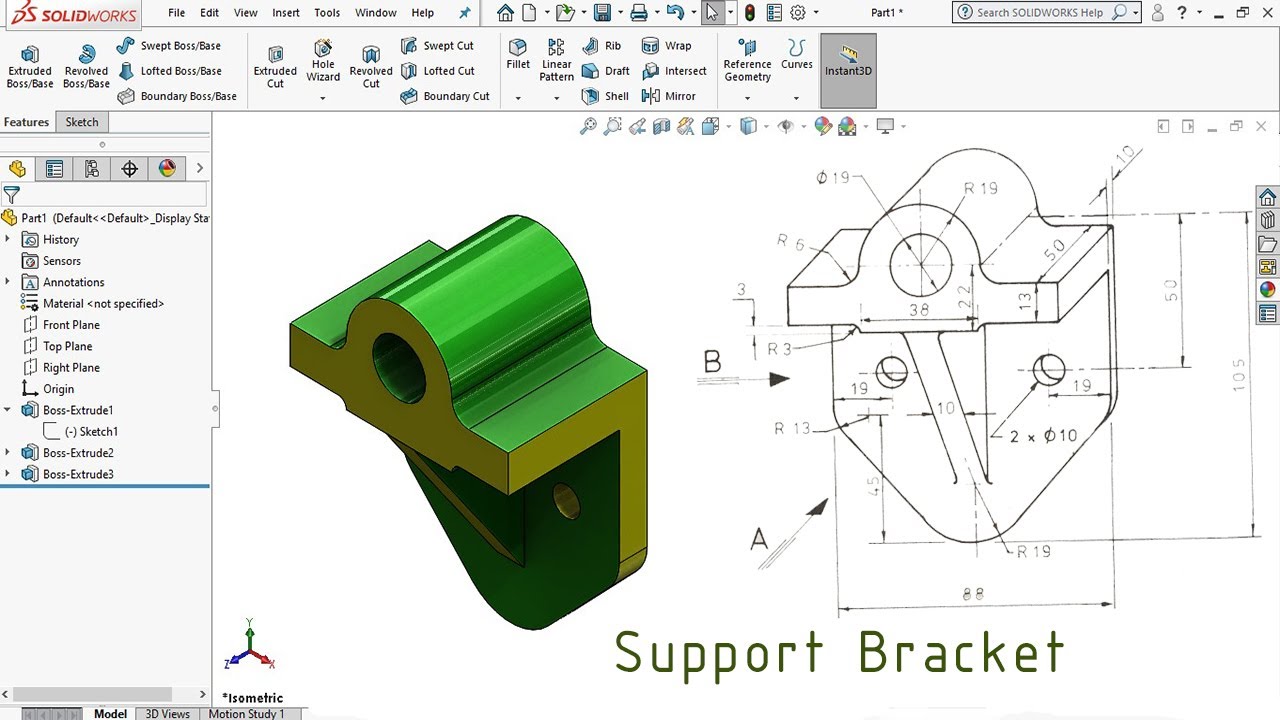 Solidworks Tutorial Exercise 61 Support Bracket Youtube