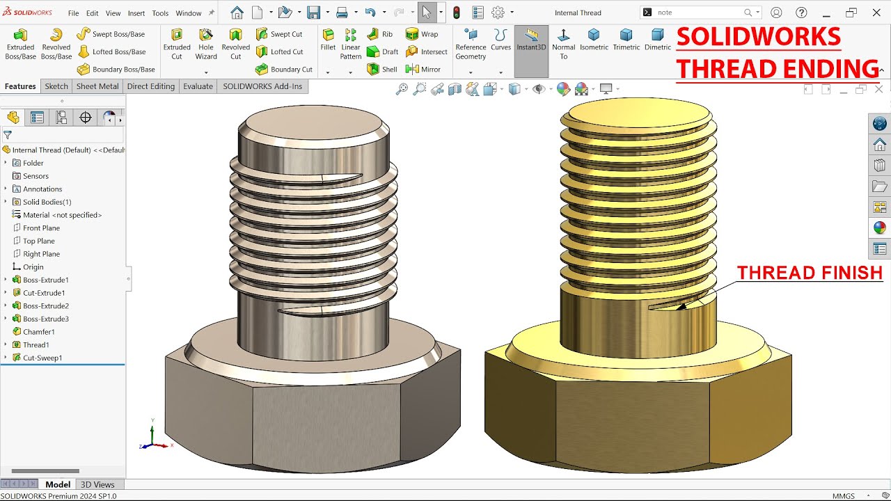 Solidworks Thread Ending Tutorial External And Internal Thread Youtube