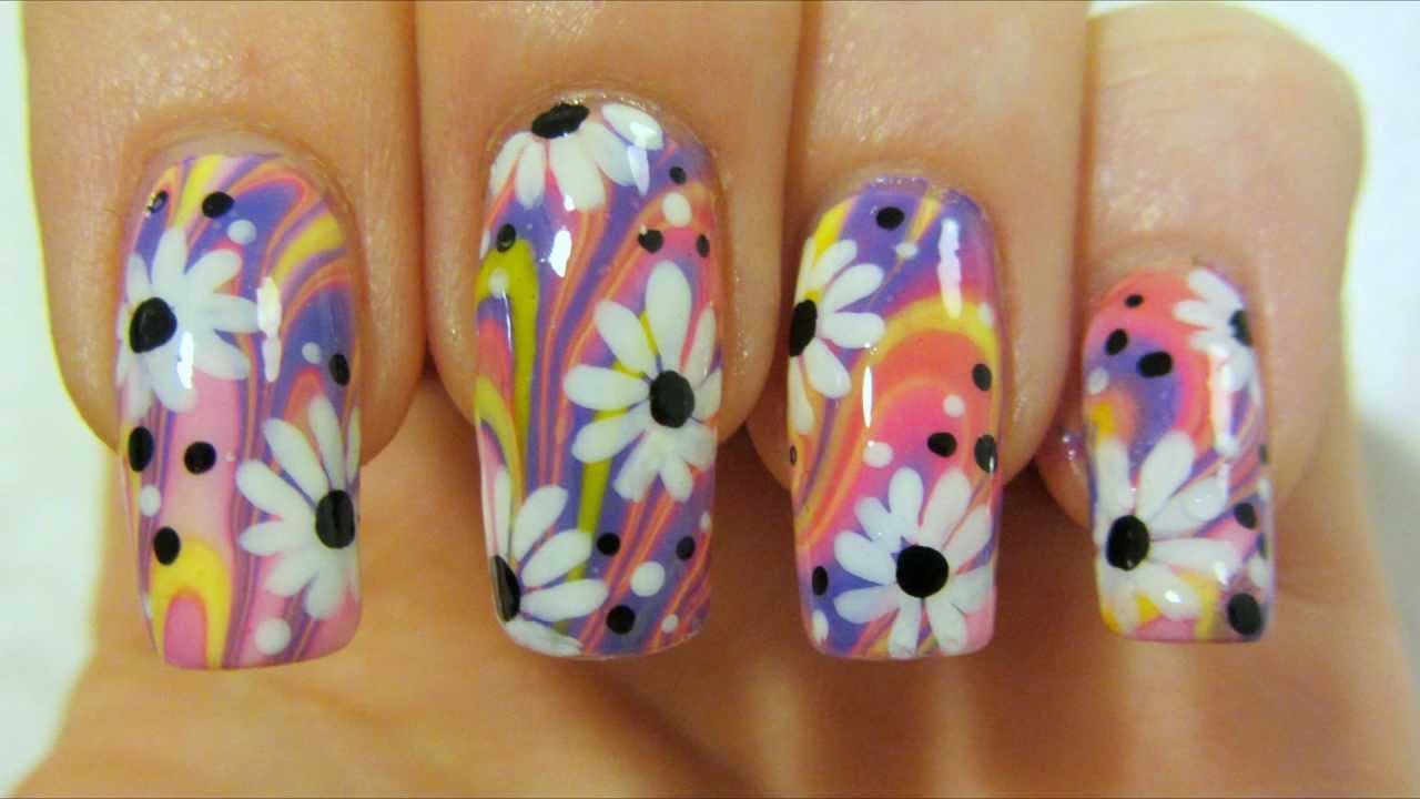 Colorful Hippie Flower Power Design With Water Marbling And Daisies