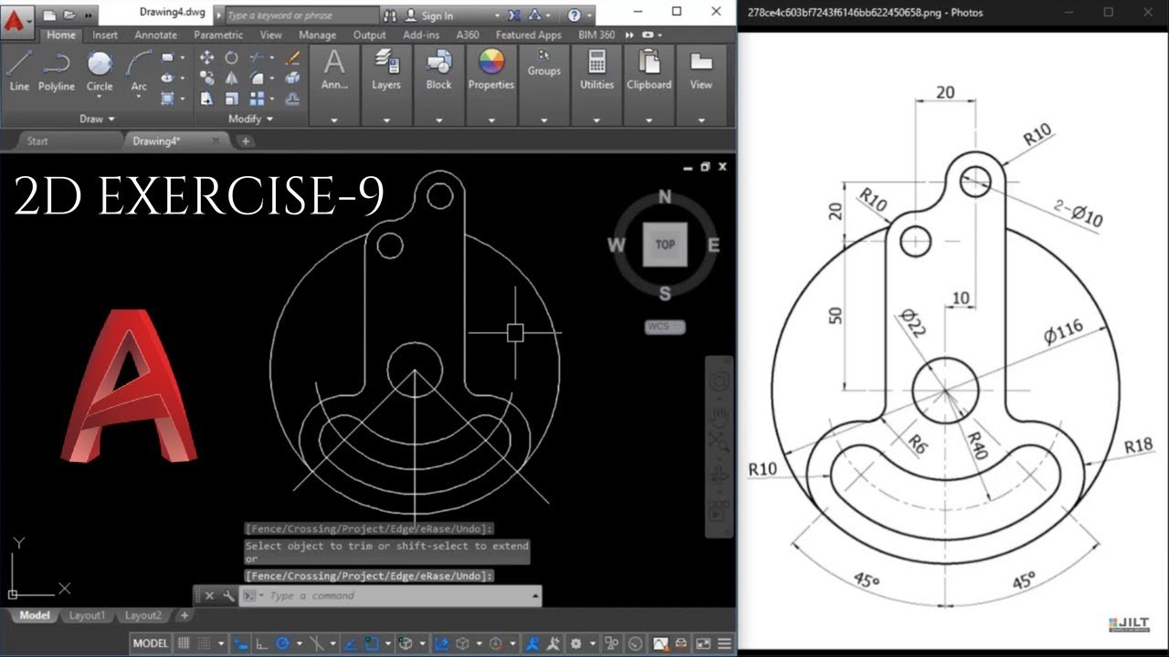 Autocad 2d Practice Drawing For Beginners Exercise 9 Basic To