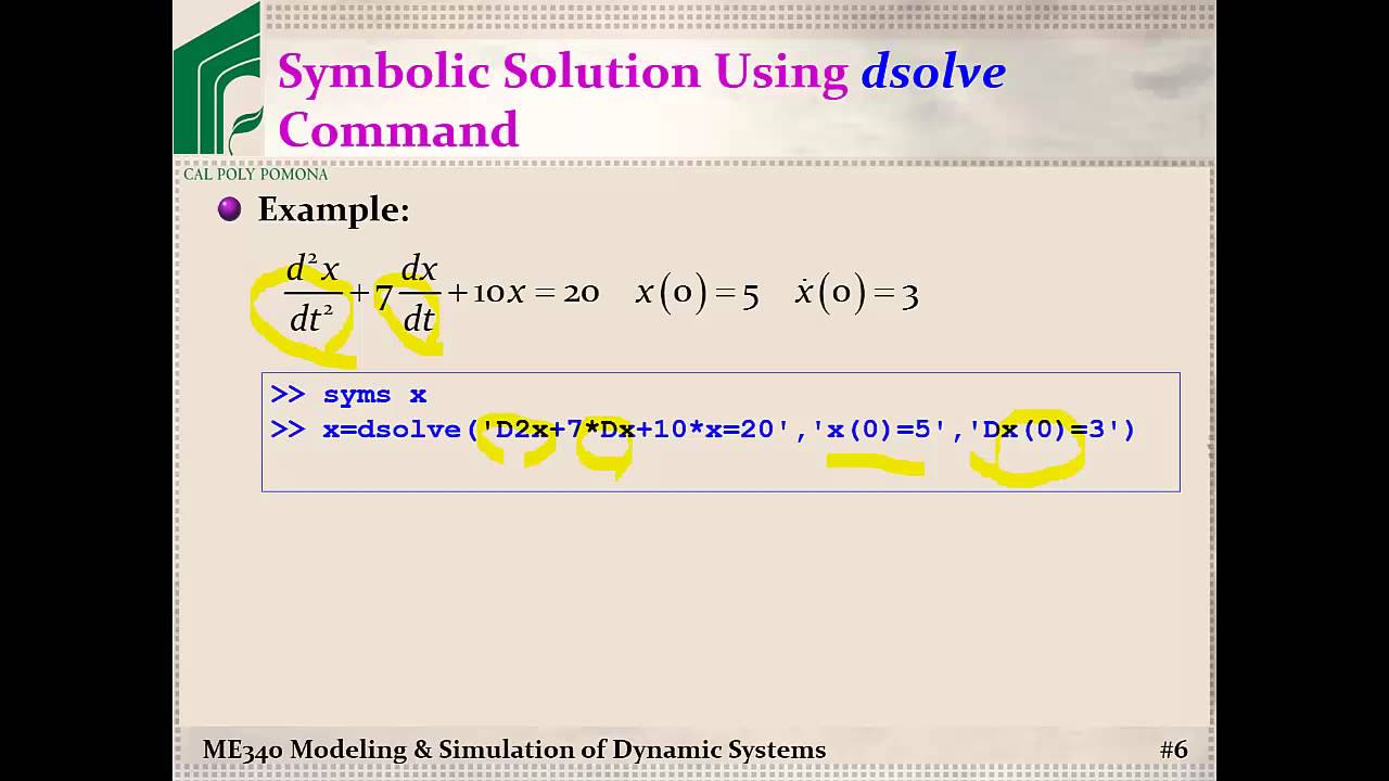 Me 340 Example Solving Odes Using Matlab S Dsolve Command Youtube