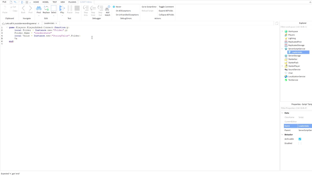 Roblox Studio Leaderstats Script Youtube