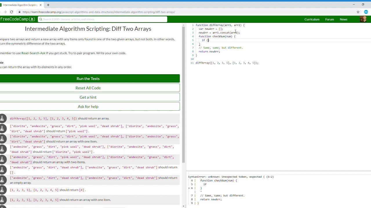 Intermediate Algorithm Scripting Diff Two Arrays Learn Freecodecamp2 21