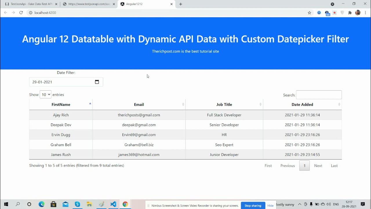 Angular 12 Datatable With Dynamic Api Data With Custom Datepicker