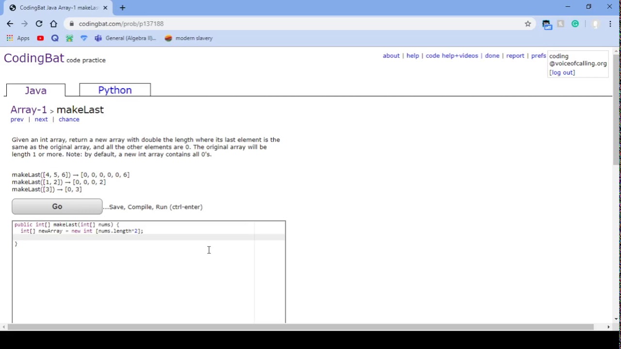 Array 1 Makelast Java Tutorial Codingbat Youtube