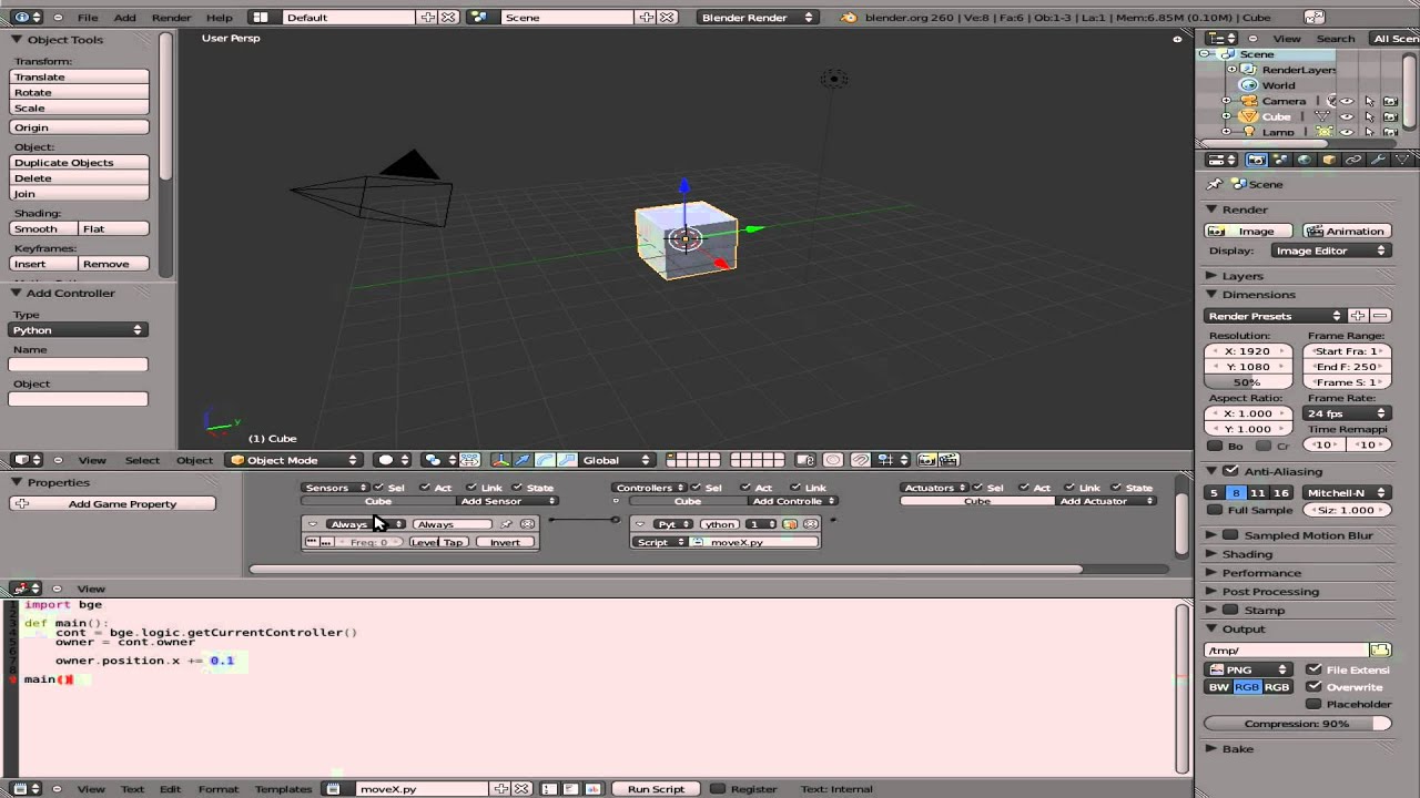 Bge1 Python In Blender Game Engine Move Object Linux Youtube