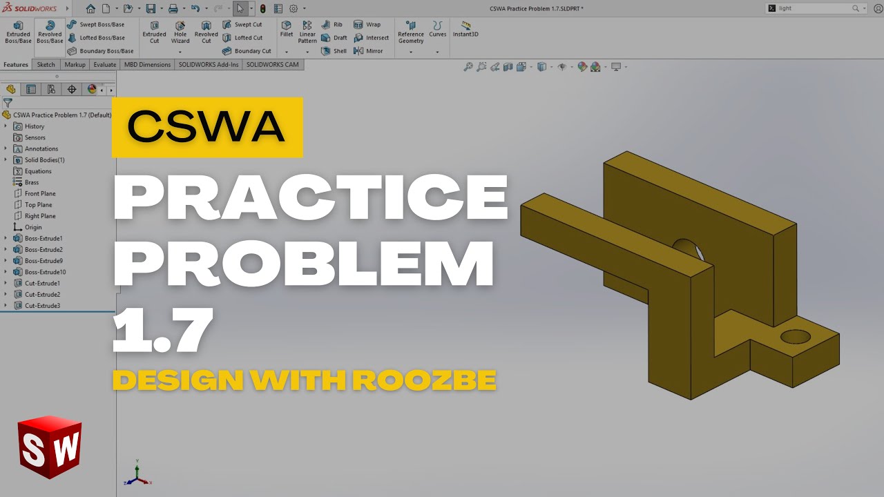 Cswa Practice Problem 1 7 Solution Solidworks Exam Guide Youtube