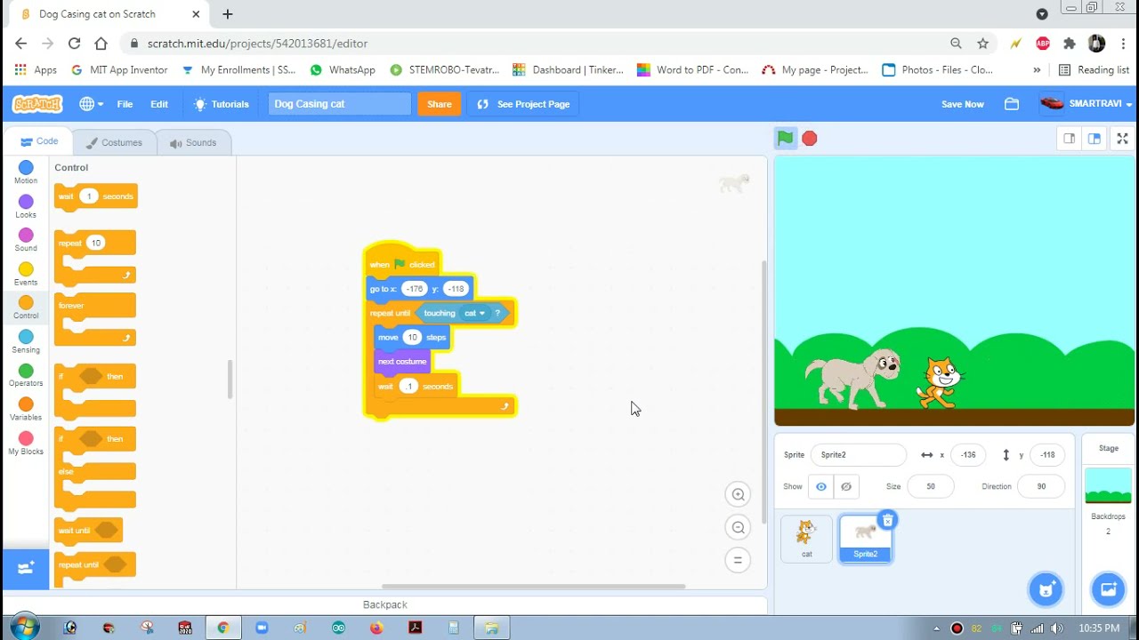 Dog Chasing Cat Animation In Scratch By Using Block Coding Youtube