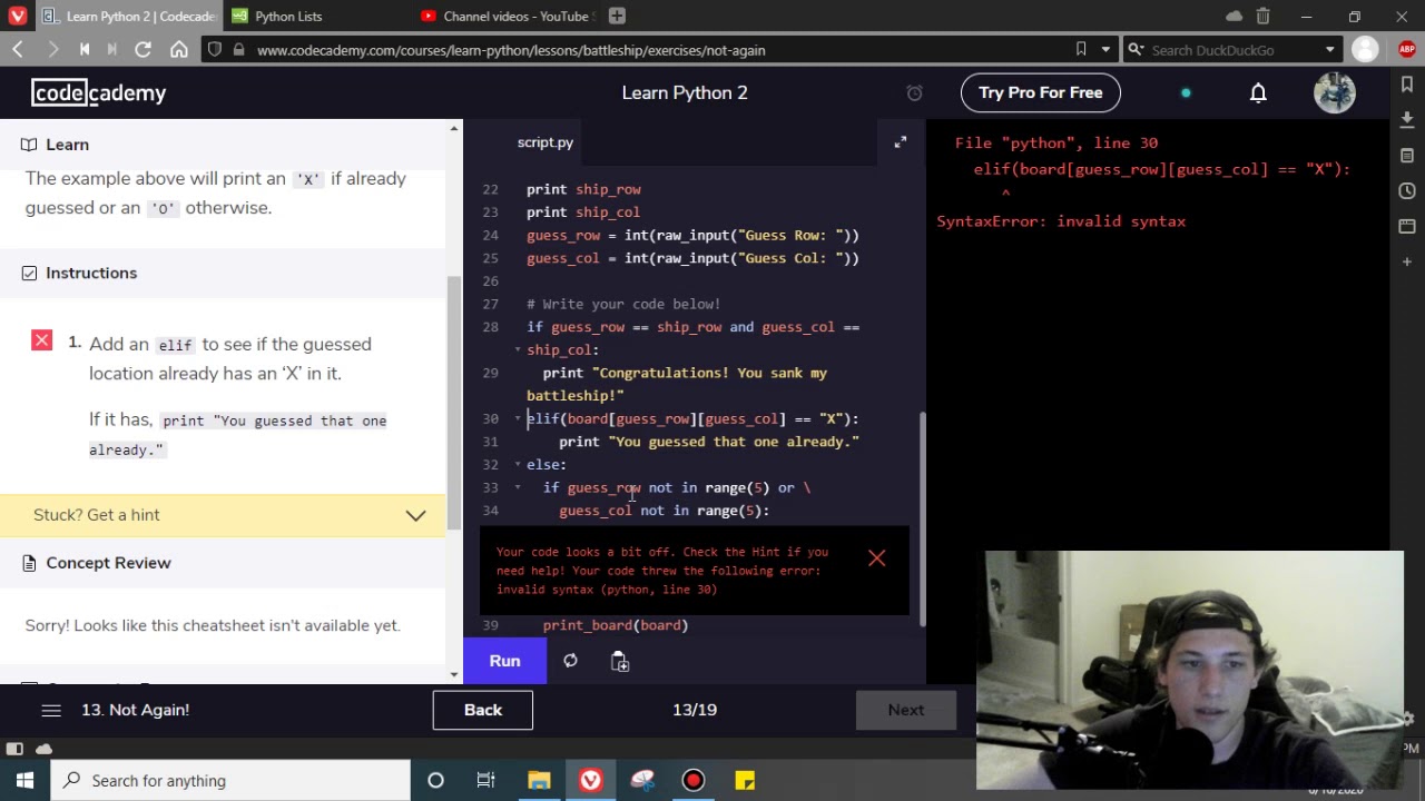 Code Academy Battleship Python 2 Pt2 Youtube