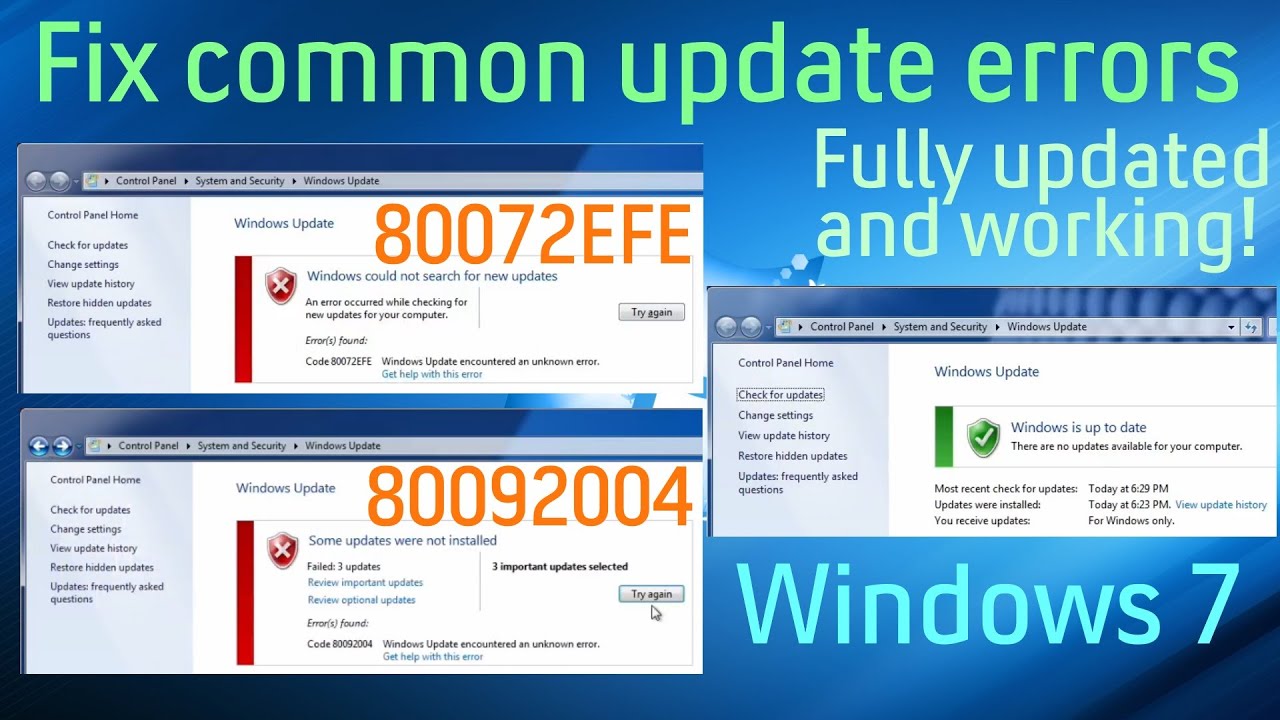 Fix Common Windows 7 Update Errors 80072efe 80092004 Youtube