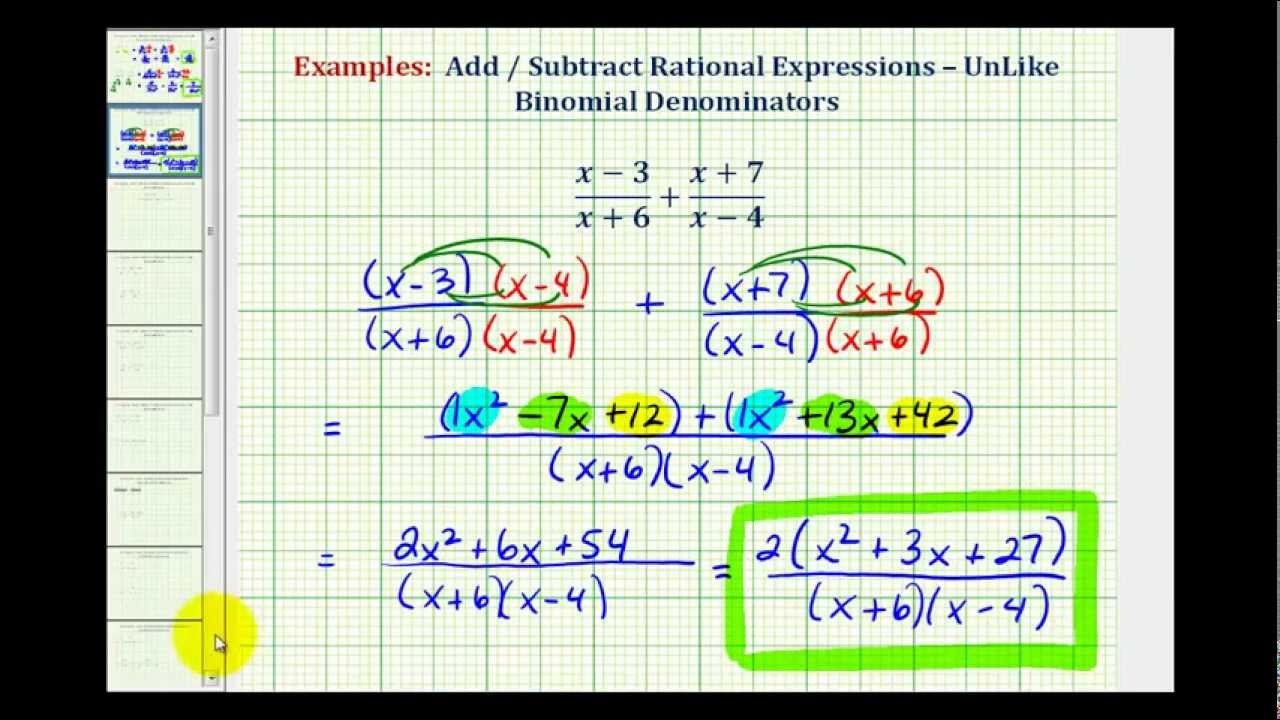 Ex Add Rational Expressions With Unlike Denominators Youtube