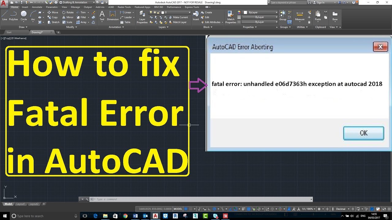 Fatal Error Unhandled E06d7363h Exception At Autocad 2018 Youtube