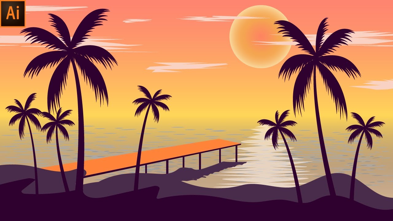 Beautiful Sea Island Vector Sunset Landscape Drawing In Illustrator