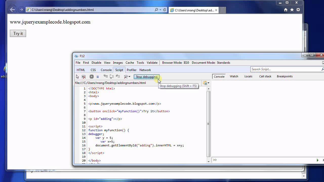 How To Debug Javascript Program In Internet Explorer Youtube