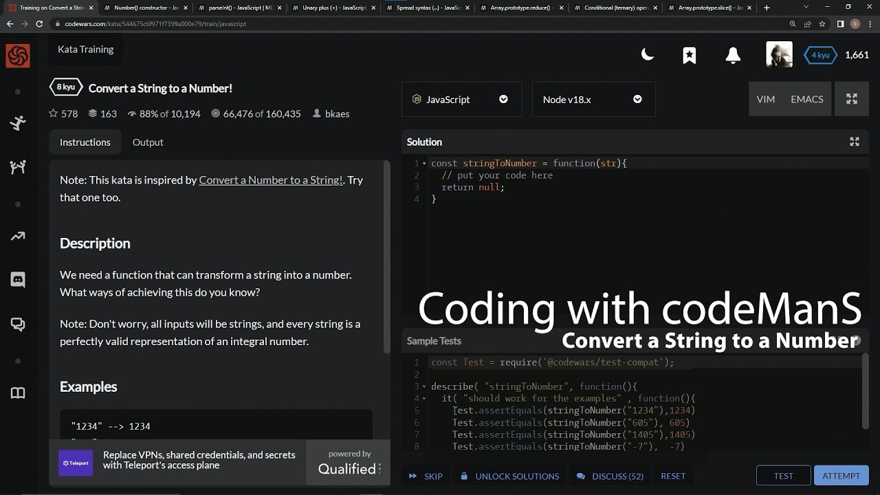 Codewars 8 Kyu Convert A String To A Number Javascript Youtube