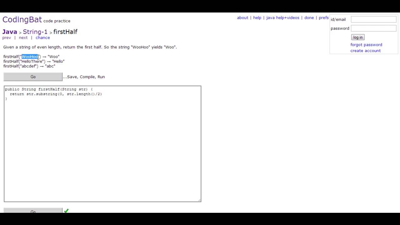 Coding Bat Java String Tutorial Firsthalf Youtube