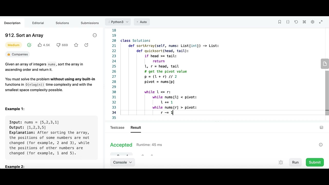 Sort An Array Leetcode 912 Quick Sort Python Youtube