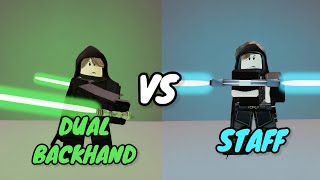 Saber Showdown Staff Vs Dual Backhand Sabershowdown Roblox Bloxdonut ...