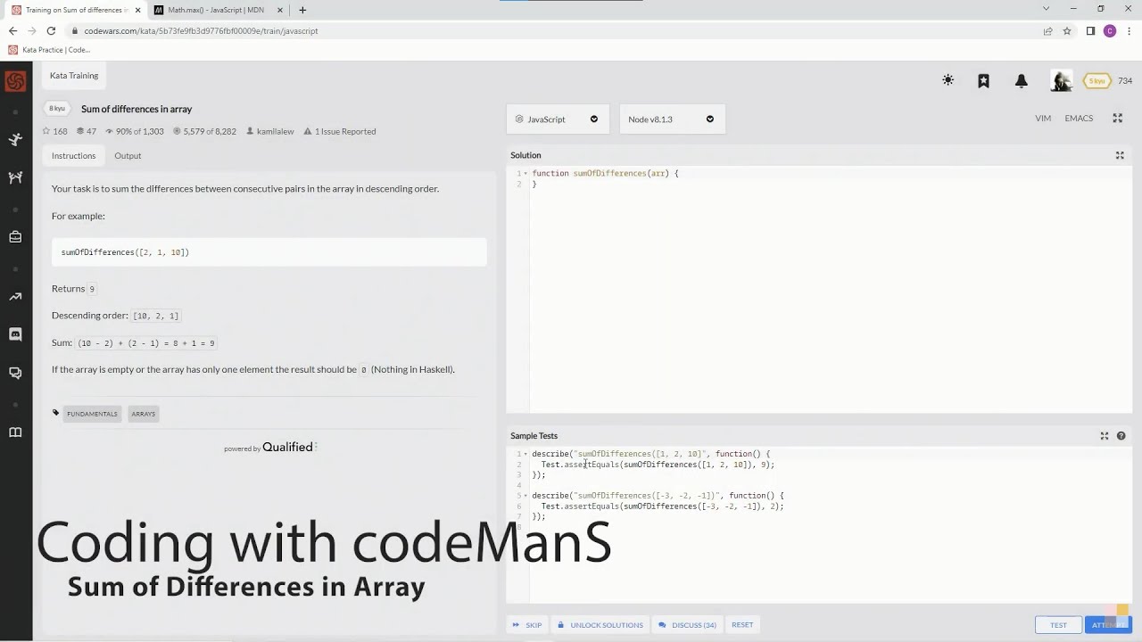 Codewars 8 Kyu Sum Of Differences In Array Javascript Youtube