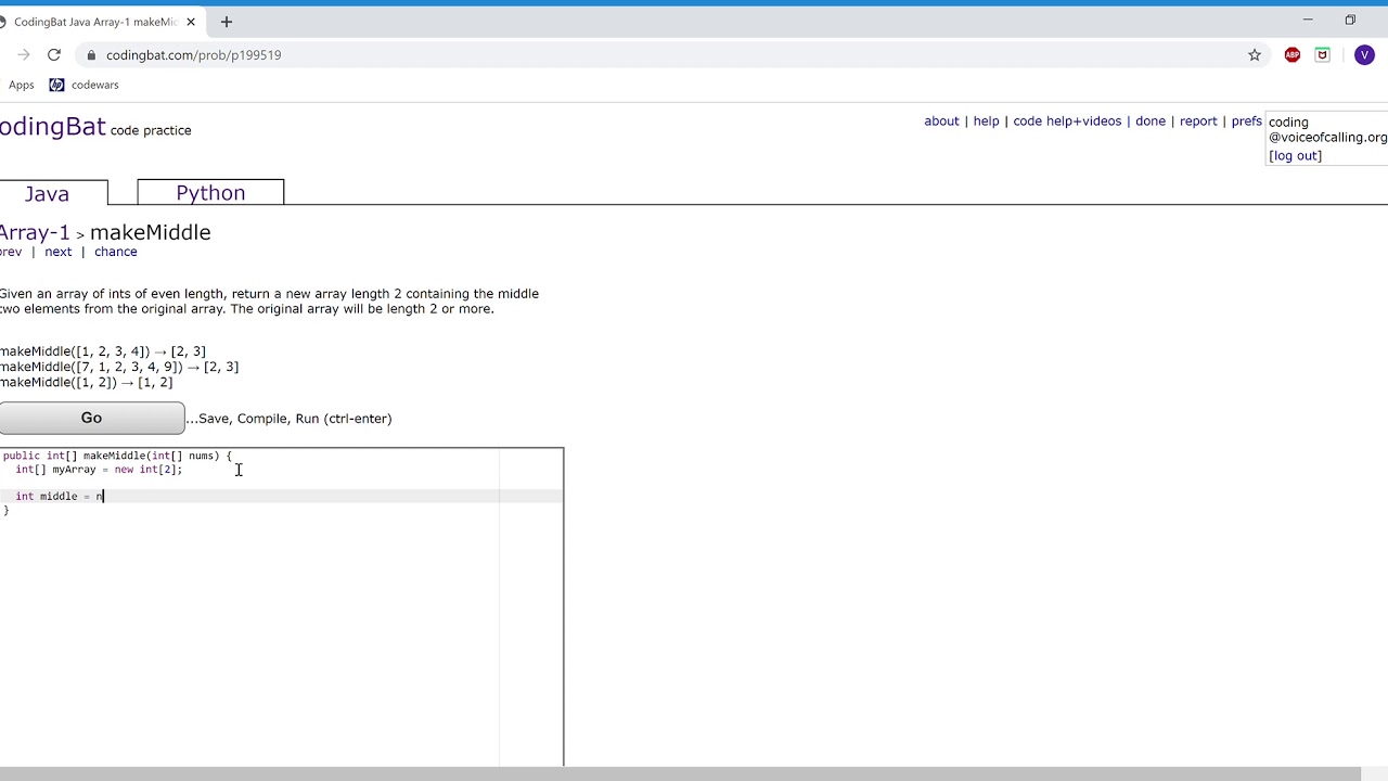 Array 1 Makemiddle Java Tutorial Codingbat Youtube