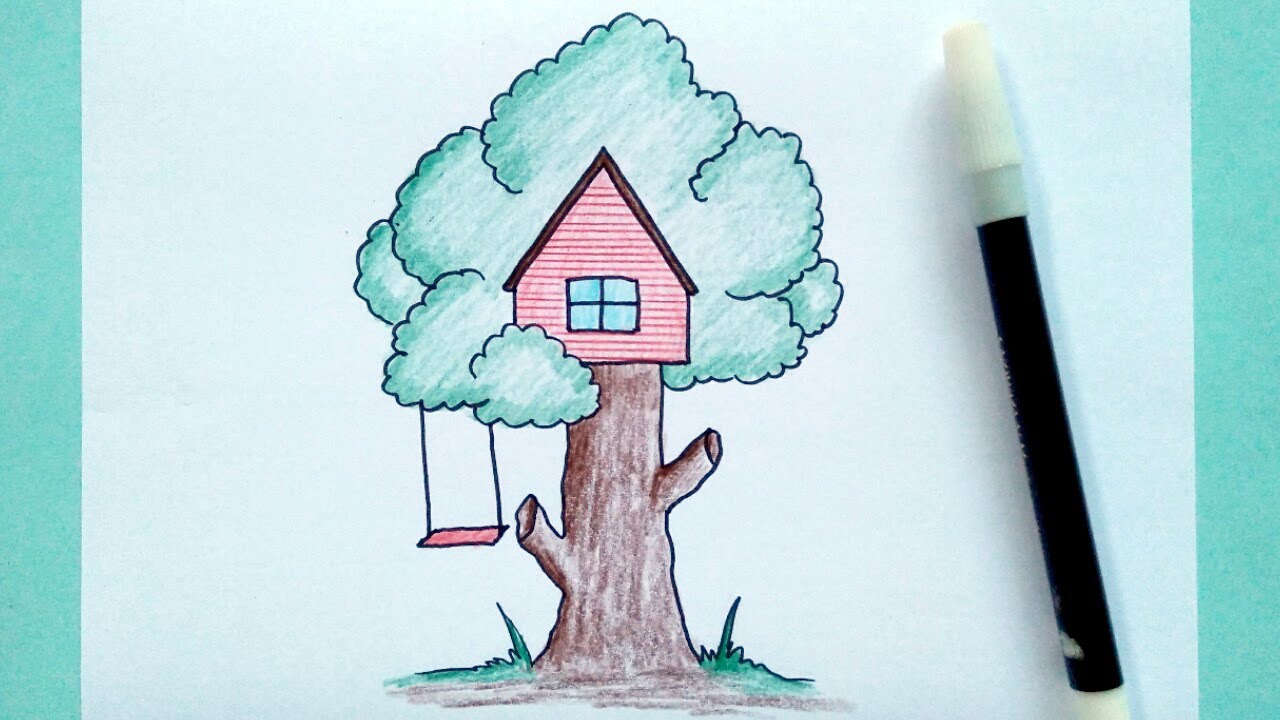 How To Draw Simple Tree House Youtube