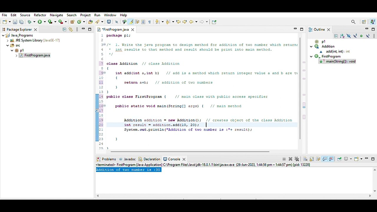 Addition Of Two Number Program In Java Youtube