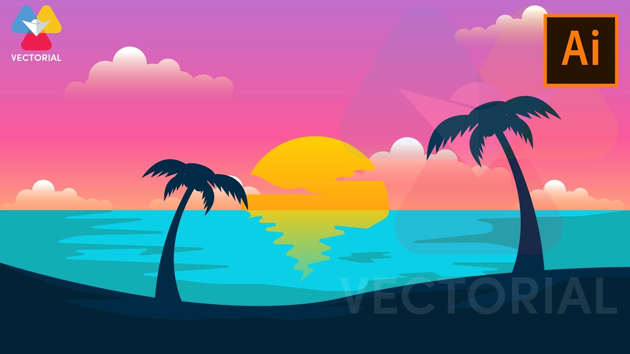 Beautiful Sunset Beach Landscape Tutorial In Adobe Illustrator Youtube
