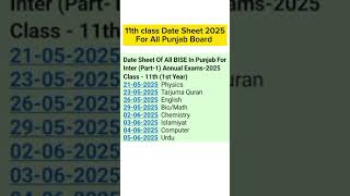 11 Class Date Sheet 2025 Punjab Board 1st Year Date Sheet 2025 Board